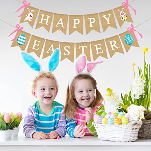 Happy Easter Banner, Easter Decorations Burlap Easter Garland with Bunny Sign for Spring Themed Party Favors Supplies, No DIY Required