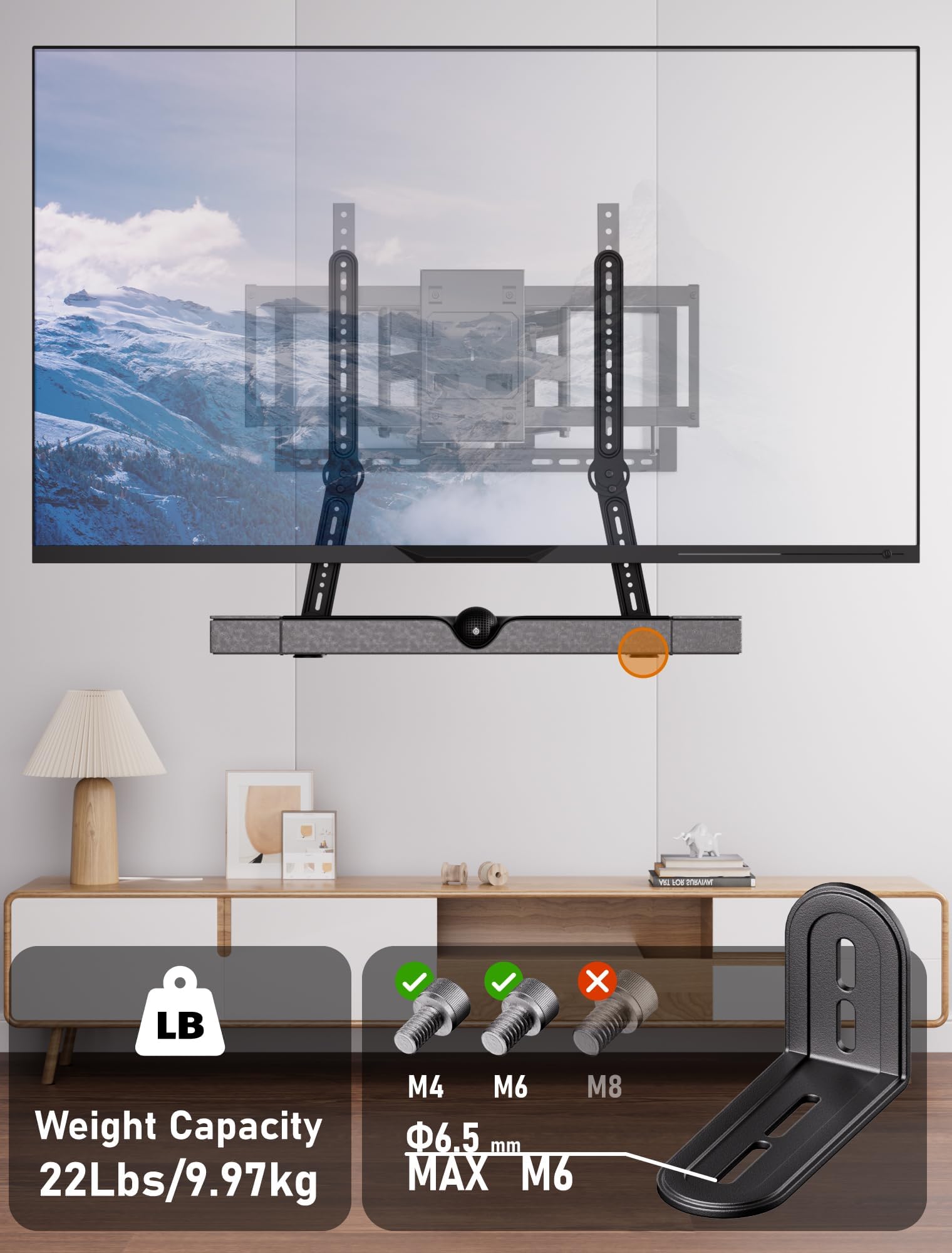 KAMIWI Soundbar Mount Bracket,SoundBar Mounts Under TV or Above TV,Soundbar TV Mount with 180° Adjustable Extension Plates and L-Shaped Hooks,Sturdy Soundbar Mounting Holder Max Load 22 Lbs