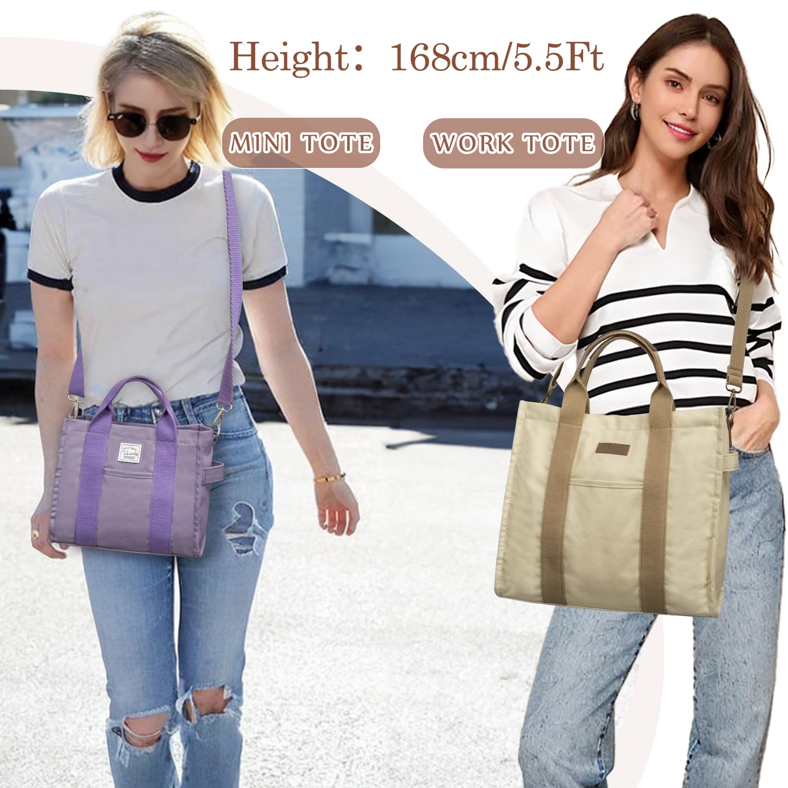VASCHY Canvas tote bag, Casual Reusable Work Totes for Women Teachers with Zippers Pockets Crossbody Shoulder Bag Purse Apricot