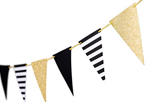 Gold Black Triangle Banner Decorations Bunting Signs for Graduation Flags Decoration Birthday Gatsby Party Nursery Classroom Anniversary Decor Golden New Year Supplies 15pcs 10 Feet (Golden Black Striped)