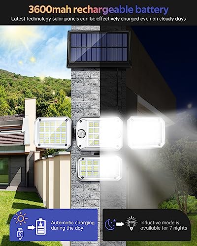 UTEBIT Solar Motion Sensor Flood Light, 4 Heads LED Security Lights, IP65 Waterproof Outdoor Wall Light, 3000LM Snowflake Lights, USB Chargeable 3 Modes Garden Yard Solar Lights for Outside