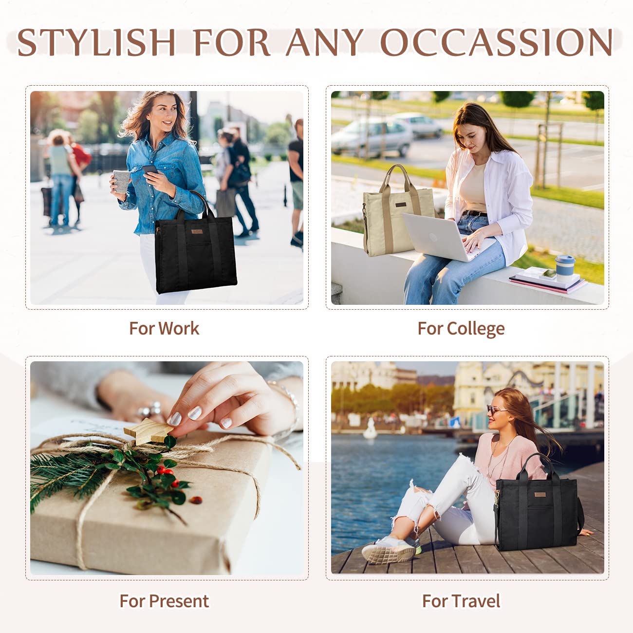 VASCHY Canvas tote bag, Casual Reusable Work Totes for Women Teachers with Zippers Pockets Crossbody Shoulder Bag Purse Apricot