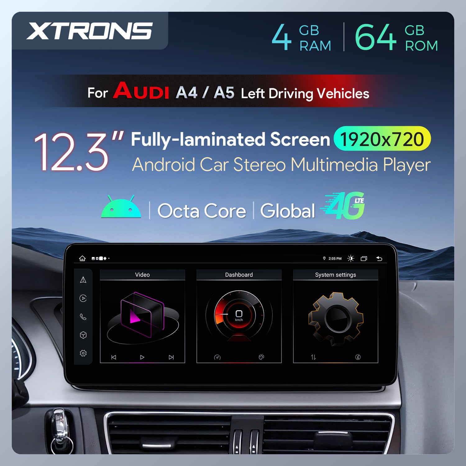 XTRONS 12.3 Inch Android 13 Car Stereo for Audi A4 S4 RS4 A5 S5 RS5 B8, IPS Touch Screen 4+64GB Global 4G Car Radio GPS Navigation Support Wireless Car Play Android Auto
