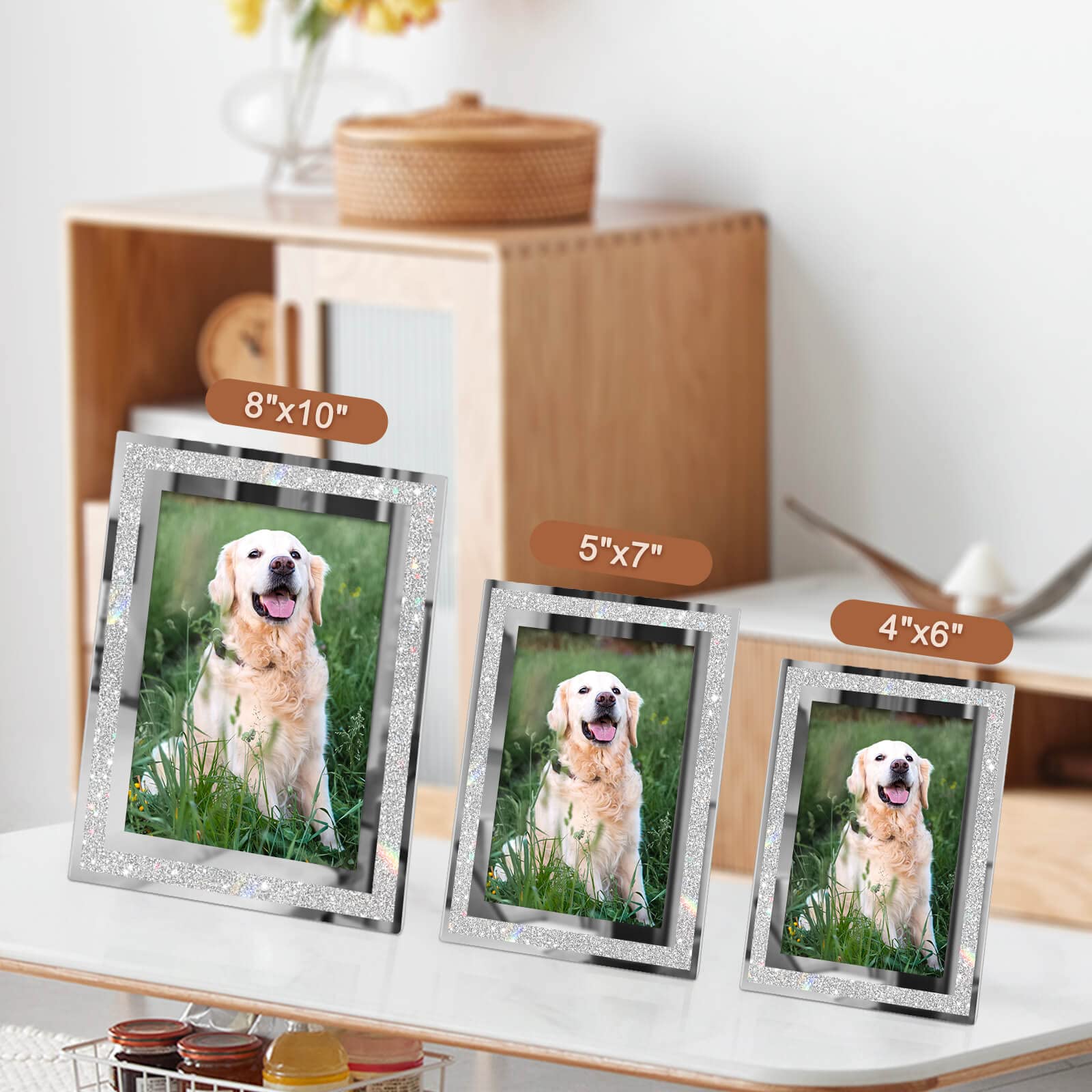 IZIDDO 8x10 Picture Frames Set of 2, Glitter Photo Frame for Tabletop, Silver Glass Picture Frame, Graduation Gifts for Her, Horizontally or Vertically