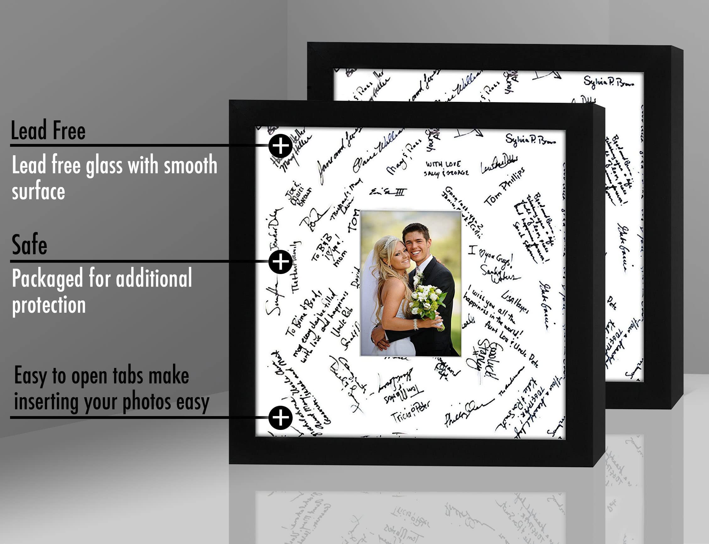 Americanflat 14x14 Wedding Signature Frame with Shatter-Resistant Glass - Set of 2 - Use as 5x7 Frame with Mat or 14x14 Without Mat - Signature Collection - Autograph Frame for Wall Display - Black