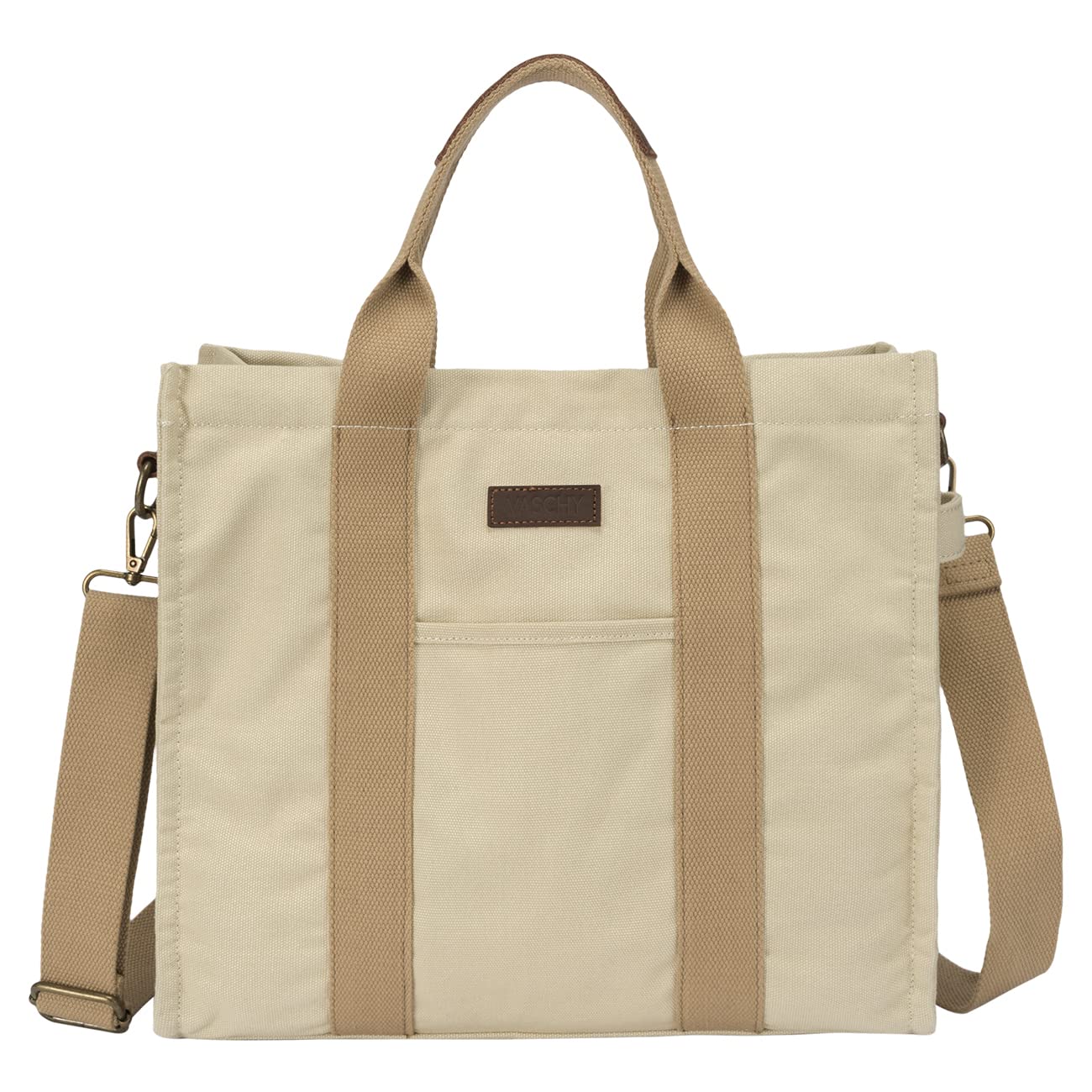 VASCHY Canvas tote bag, Casual Reusable Work Totes for Women Teachers with Zippers Pockets Crossbody Shoulder Bag Purse Apricot