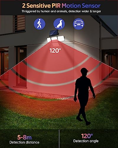 UTEBIT Solar Motion Sensor Flood Light, 4 Heads LED Security Lights, IP65 Waterproof Outdoor Wall Light, 3000LM Snowflake Lights, USB Chargeable 3 Modes Garden Yard Solar Lights for Outside