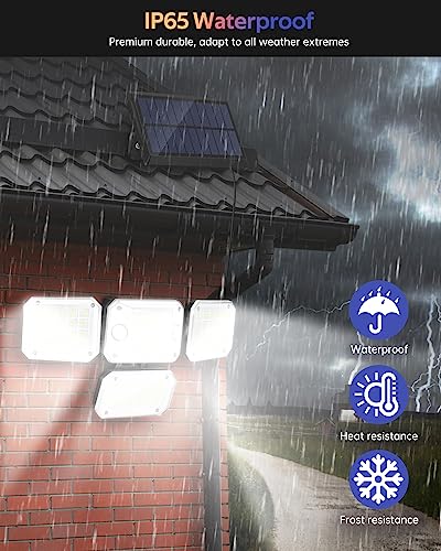UTEBIT Solar Motion Sensor Flood Light, 4 Heads LED Security Lights, IP65 Waterproof Outdoor Wall Light, 3000LM Snowflake Lights, USB Chargeable 3 Modes Garden Yard Solar Lights for Outside