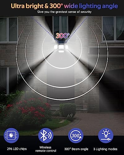 UTEBIT Solar Motion Sensor Flood Light, 4 Heads LED Security Lights, IP65 Waterproof Outdoor Wall Light, 3000LM Snowflake Lights, USB Chargeable 3 Modes Garden Yard Solar Lights for Outside