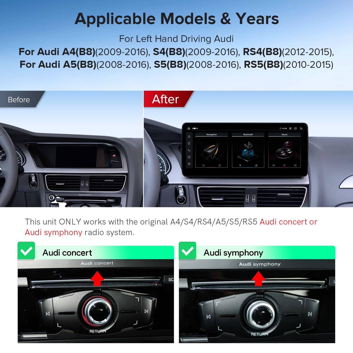 XTRONS 12.3 Inch Android 13 Car Stereo for Audi A4 S4 RS4 A5 S5 RS5 B8, IPS Touch Screen 4+64GB Global 4G Car Radio GPS Navigation Support Wireless Car Play Android Auto