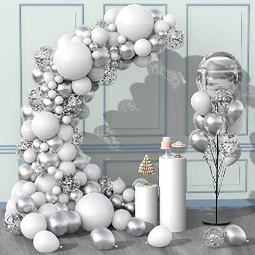 White Silver Latex Balloon Garland Kit Kelfara 127Pcs Different Sizes 18/12/10/5 inch Matte White Metallic Silver 4D Foil Balloons and Confetti Ballons for Anniversary Birthday Party Decoration