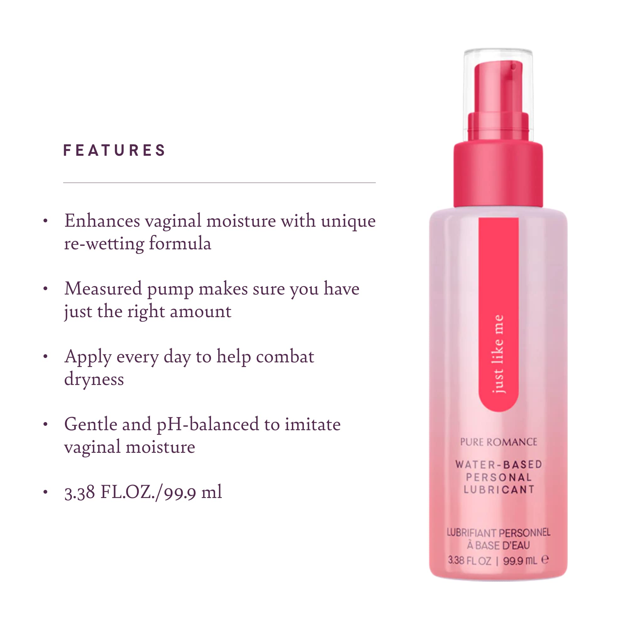 Pure Romance Just Like Me Water-Based Lube, Natural Feeling Water-Based Lubricant, Lubrication for Women and Men to Replicate Real Moisture, 3.38 Fl Oz, Original