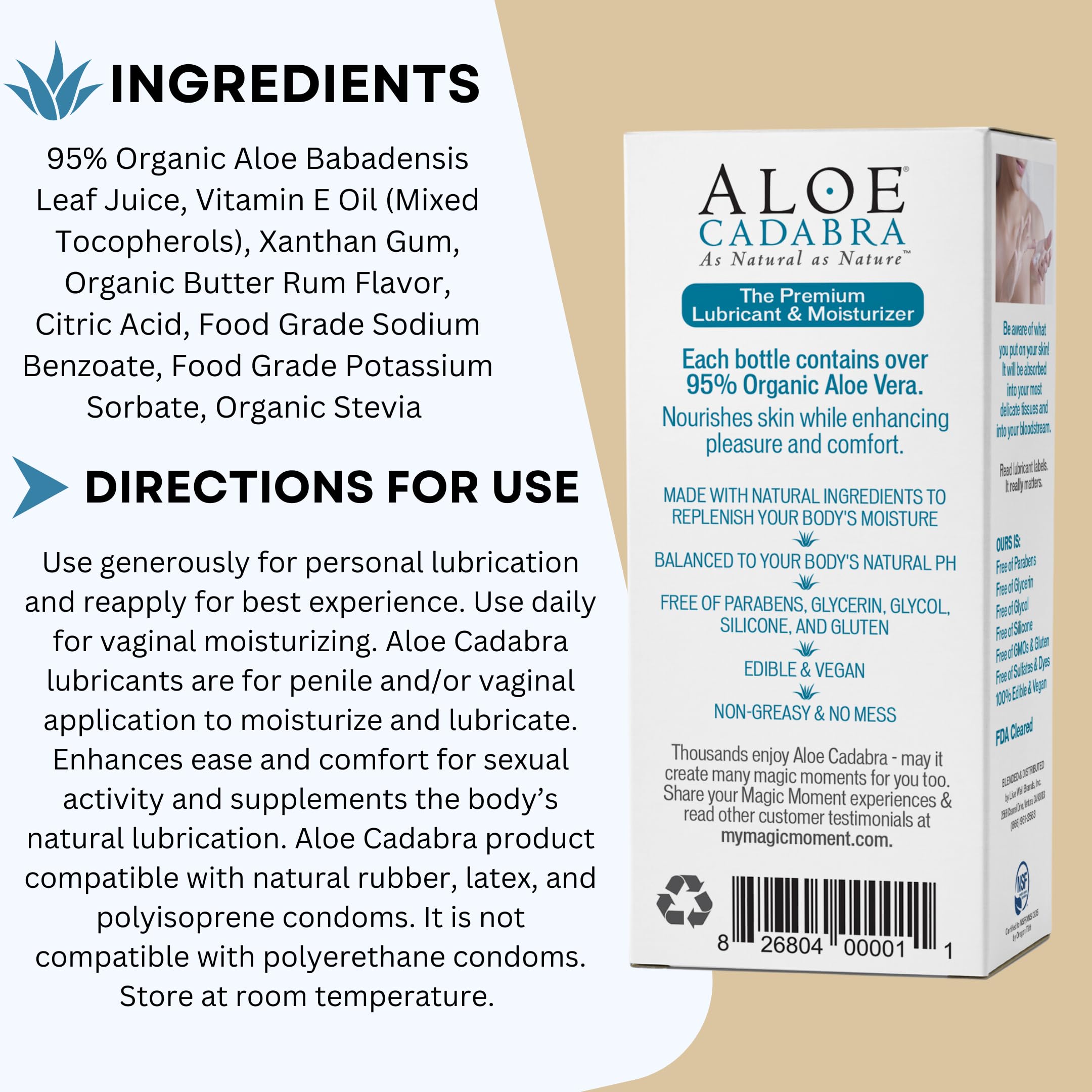 Aloe Cadabra Flavored Personal Lubricant and Vaginal Moisturizer, Organic Edible Aloe Lube for Men, Women, Non-Staining, pH Balanced, (Butter Rum, 2.5 Ounces, 1 Pack)