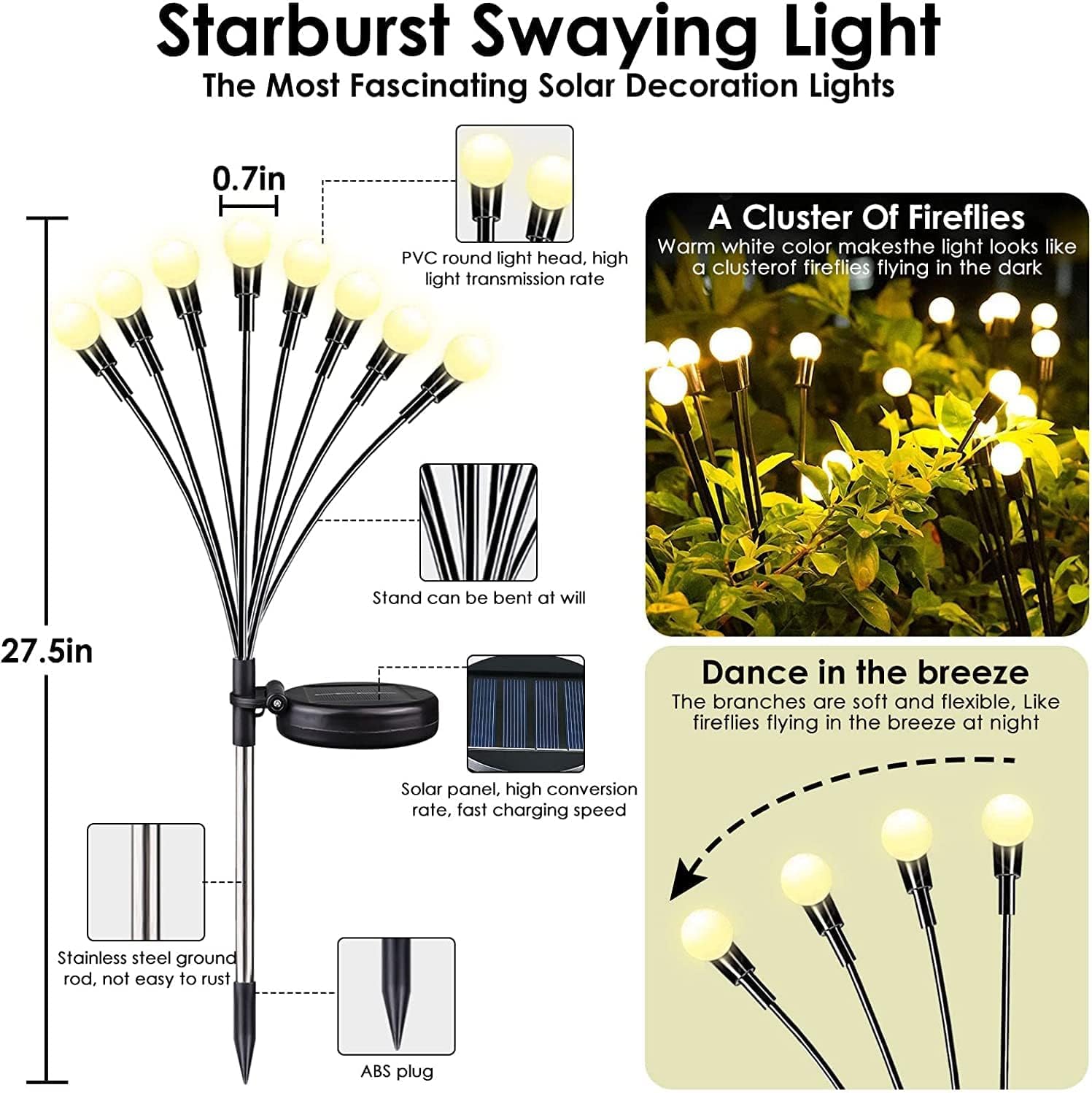 OZS πππππ€ ππ¨πππ₯ πππππ Solar Garden Lights - Solar Firefly Lights Outdoor Solar Swaying Light Sway by Wind Solar Fairy Lights Outdoor Waterproof for Patio Garden Decoration (Warm White)