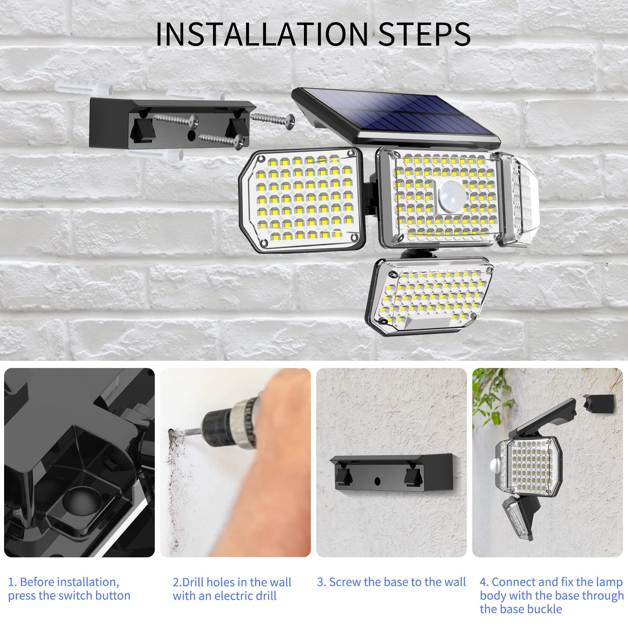 UNITXIN Solar Motion Sensor Lights 214 LED 4 Heads Adjustable 3000lm Ultra Bright Outdoor Waterproof Solar Powered Rotable Flood Light for Yard Garage Entryway Patio (2 Pack)