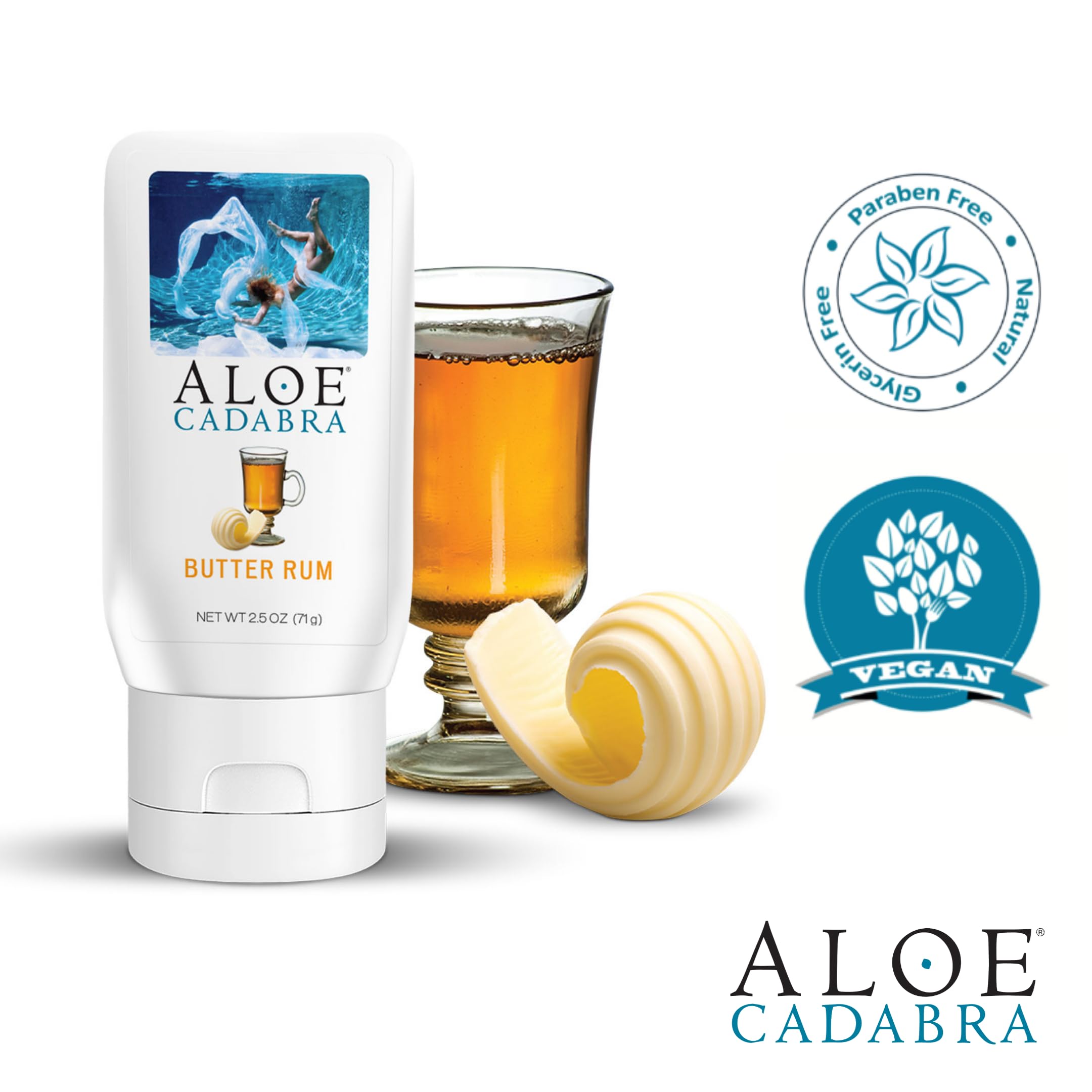 Aloe Cadabra Flavored Personal Lubricant and Vaginal Moisturizer, Organic Edible Aloe Lube for Men, Women, Non-Staining, pH Balanced, (Butter Rum, 2.5 Ounces, 1 Pack)