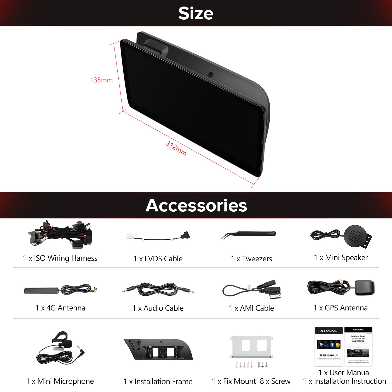 XTRONS 12.3 Inch Android 13 Car Stereo for Audi A4 S4 RS4 A5 S5 RS5 B8, IPS Touch Screen 4+64GB Global 4G Car Radio GPS Navigation Support Wireless Car Play Android Auto