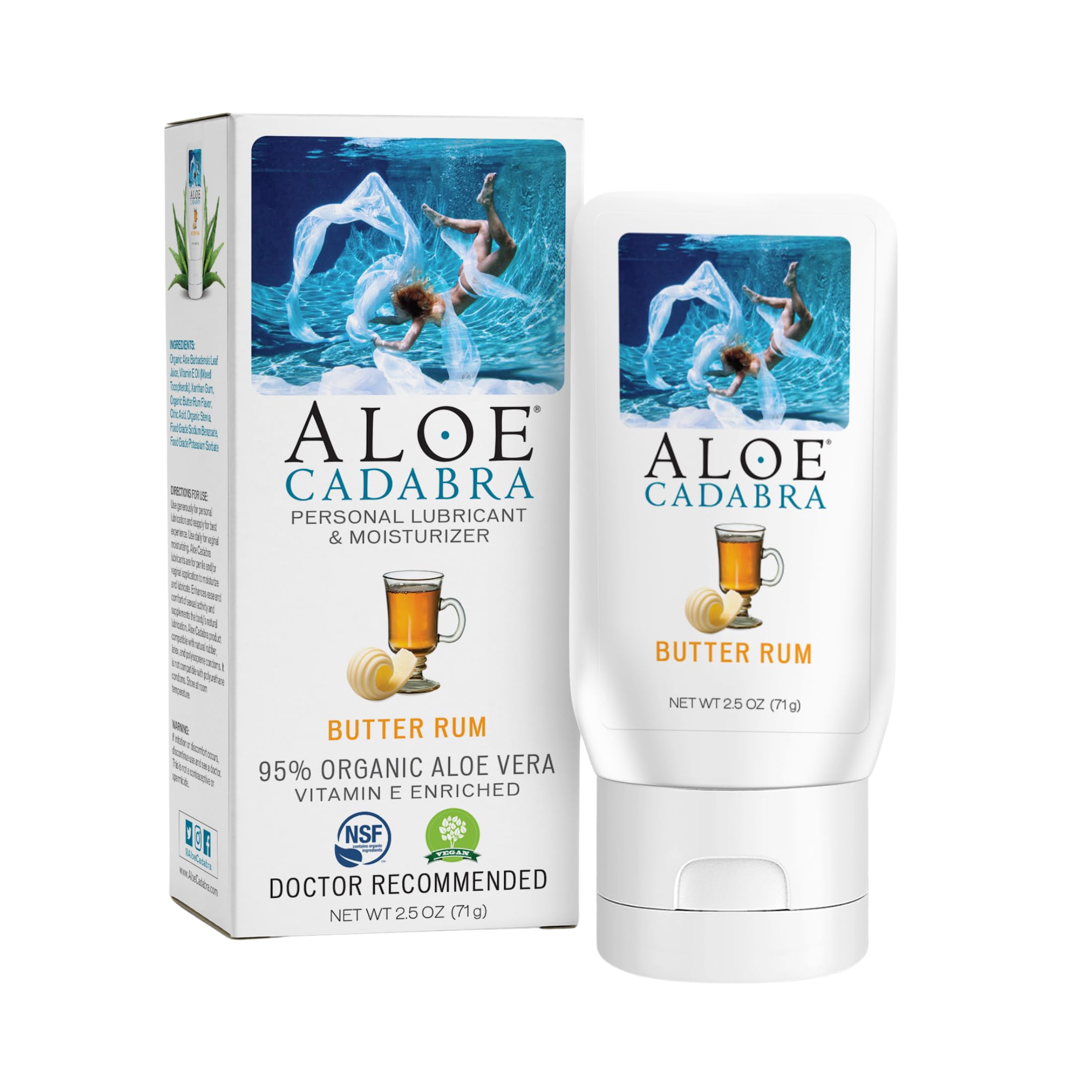 Aloe Cadabra Flavored Personal Lubricant and Vaginal Moisturizer, Organic Edible Aloe Lube for Men, Women, Non-Staining, pH Balanced, (Butter Rum, 2.5 Ounces, 1 Pack)