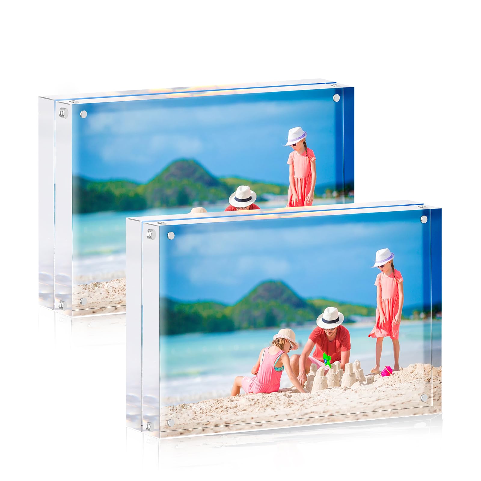 HappyHapi 5 x 7 Inch 2 Pack Acrylic Photo Frame, 10 + 10MM Thickness Clear Picture Frame, Magnetic Acrylic Picture Blocks, Freestanding Desktop Display Gift Ideal