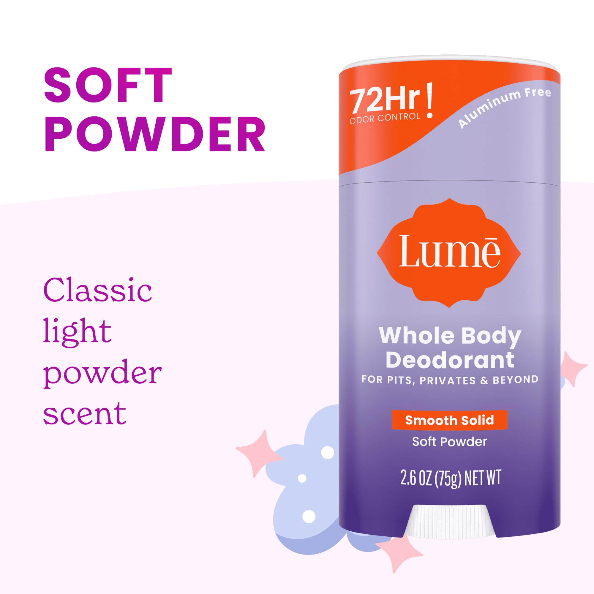 Lume Whole Body Deodorant - Smooth Solid Stick - 72 Hour Odor Control - Aluminum Free, Baking Soda Free and Skin Safe - 2.6 Ounce (Soft Powder)
