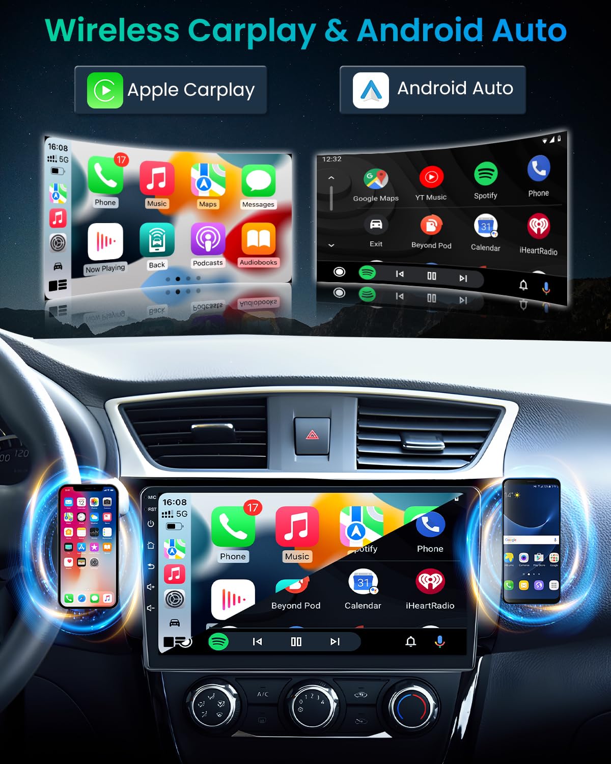 2+32G Car Radio for Nissan Sentra 2013 2014 2015 2016 2017, 10.2" HD Touch Screen Car Radio with Wireless Carplay & Android Auto, Mirror Link, Bluetooth, WiFi, GPS Navigation, Backup Camera Android 12