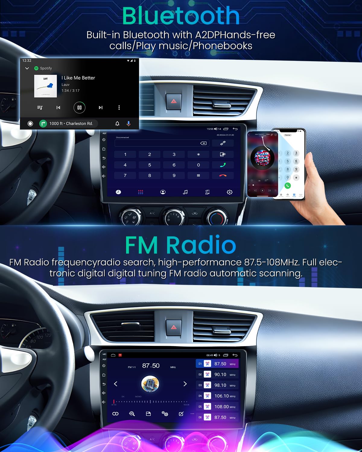 2+32G Car Radio for Nissan Sentra 2013 2014 2015 2016 2017, 10.2" HD Touch Screen Car Radio with Wireless Carplay & Android Auto, Mirror Link, Bluetooth, WiFi, GPS Navigation, Backup Camera Android 12