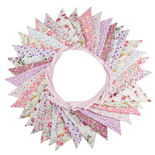 10M/32Ft Triangle Bunting Banner, 36 Pcs Cotton Fabric Flags Pennant Garlands for Birthday Party, Wedding, Baby Shower, Outdoor and Home Decorations (Pink)