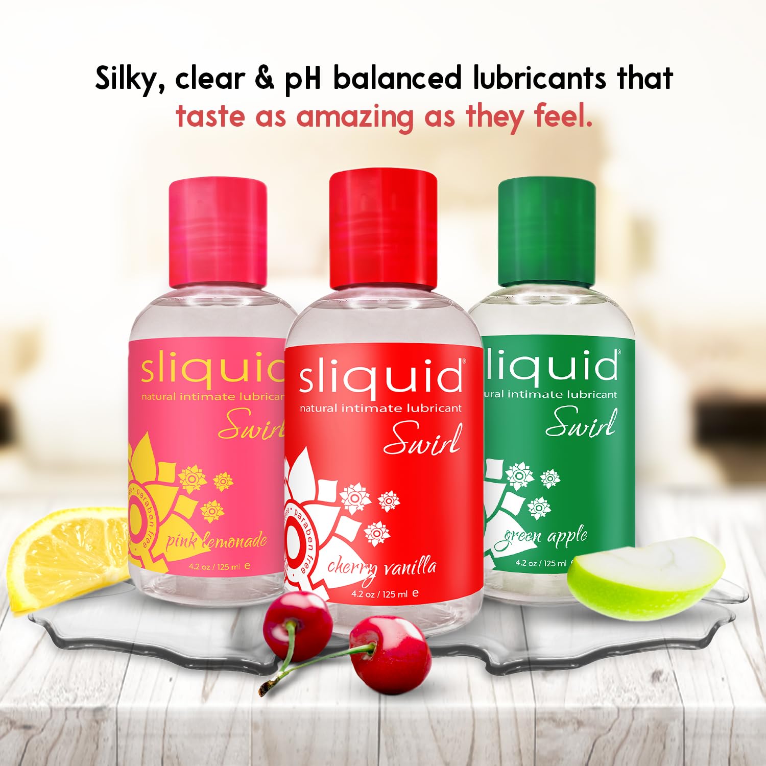 Sliquid Swirl Flavored Lube Variety Pack - Cherry Vanilla, Green Apple Tart, and Pink Lemonade Water-Based Lube, Gift Ideas for Women/Men/Couples, Flavored Lubricant, 4.2 Oz Ea (3 Piece Set)