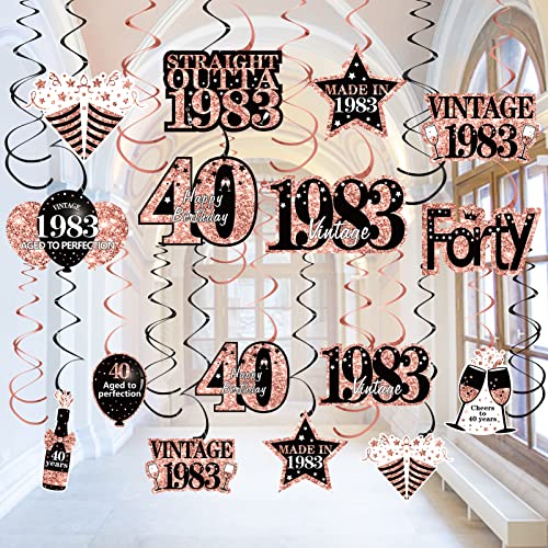 30pcs 40th Birthday Decorations Hanging Swirls for Women, Rose Gold Vintage 1983 40th Birthday Foil Swirls Party Supplies, Forty Year Old Birthday Ceiling Hanging Decorations