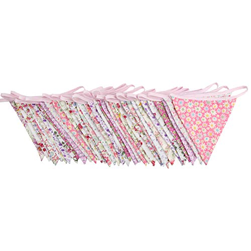 10M/32Ft Triangle Bunting Banner, 36 Pcs Cotton Fabric Flags Pennant Garlands for Birthday Party, Wedding, Baby Shower, Outdoor and Home Decorations (Pink)