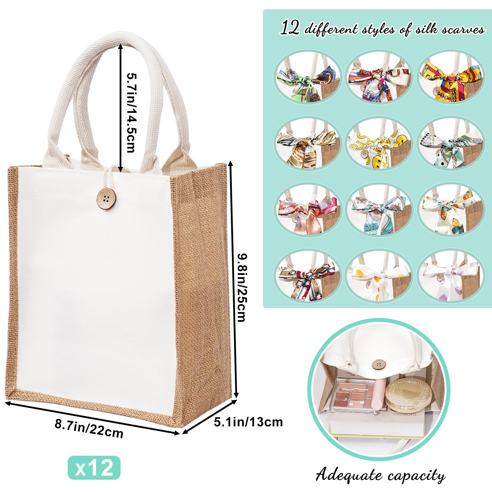 VeyFolzin.st Jute Burlap Totes Bags, Reusable Waterproof Tote Shopping Bag Blank DIY Canvas Gift Bag with Button & Ribbons (B)