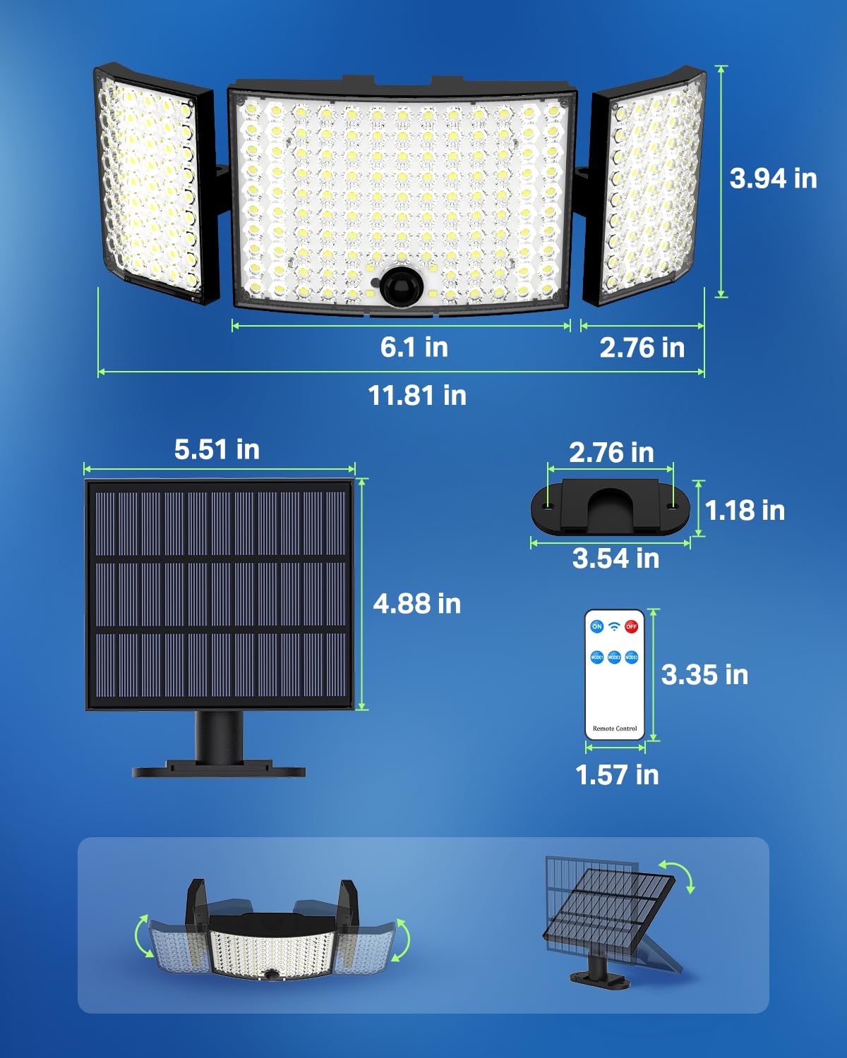 CLAONER Motion Sensor Outdoor Lights - 3500LM 234 LED Solar Outdoor Lights with Remote Control, IP65 Waterproof 3 Heads Flood Lights, 330° Lighting Angle Solar Security Lights with 16.4ft Cable 2 Pack