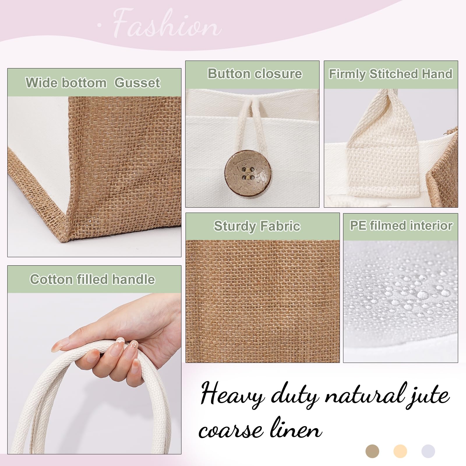 VeyFolzin.st Jute Burlap Totes Bags, Reusable Waterproof Tote Shopping Bag Blank DIY Canvas Gift Bag with Button & Ribbons (B)