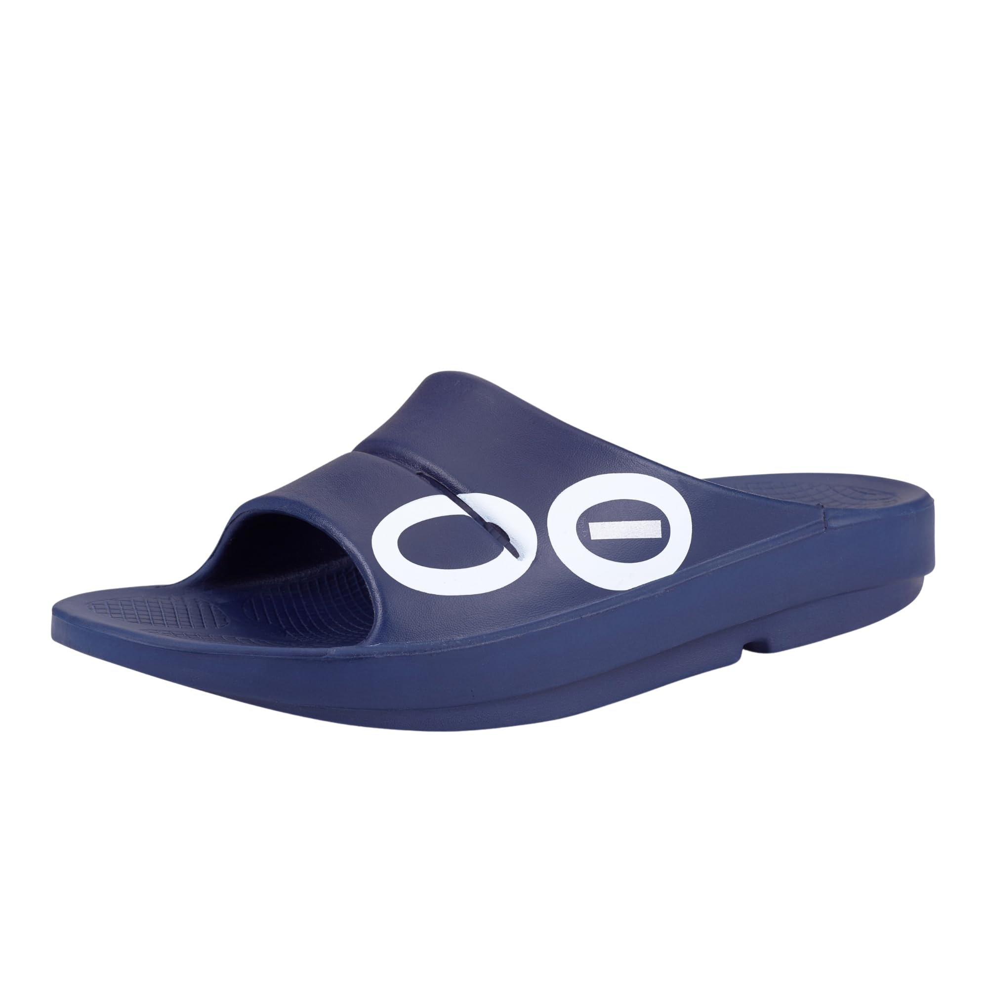 OOFOS OOahh Sport Slide Sandal, Navy White - Men’s Size 10, Women’s Size 12 - Lightweight Recovery Footwear - Reduces Stress on Feet, Joints & Back - Machine Washable - Hand-Painted Graphics