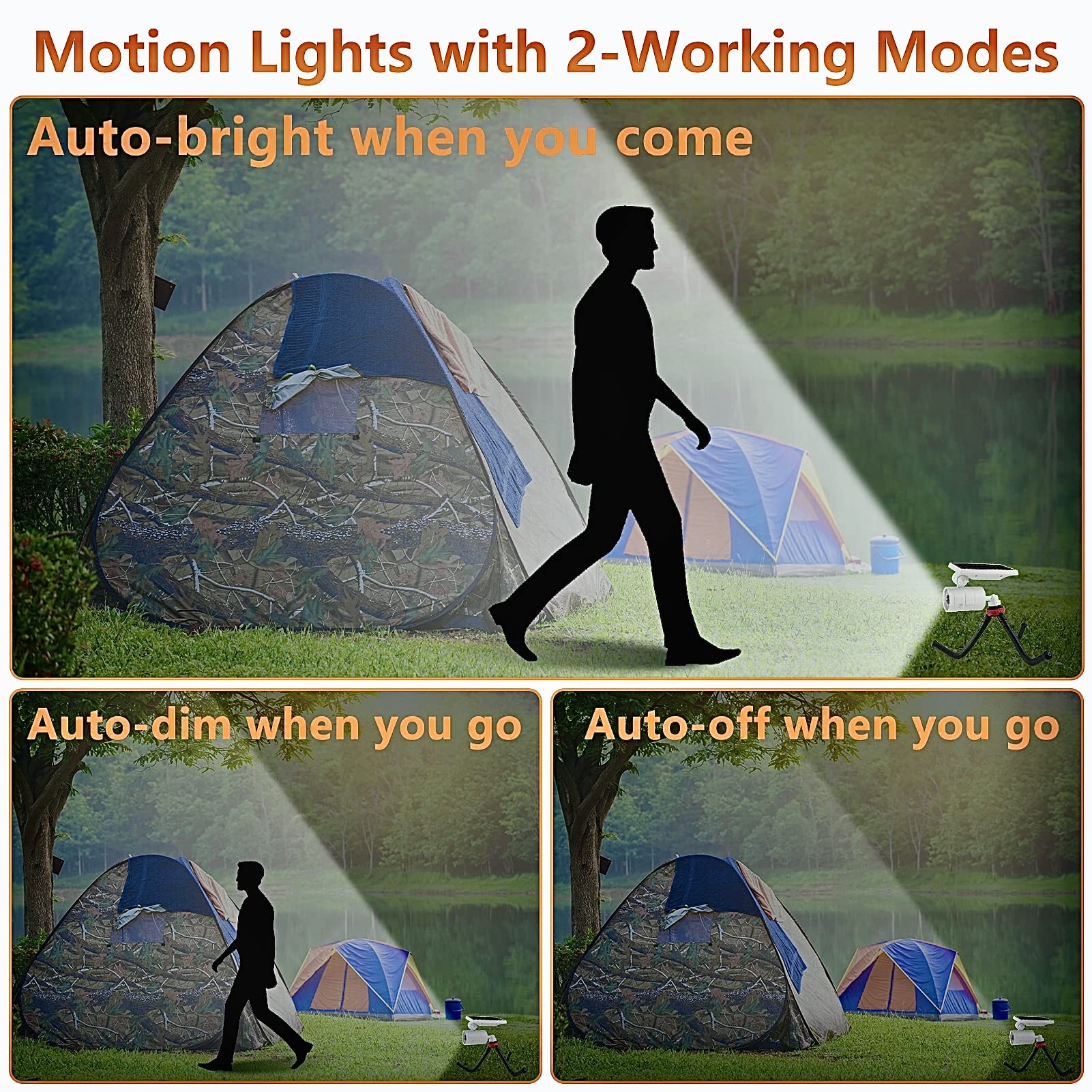 Camping Motion Sensor Light Outdoor Waterproof Aluminum, 9W 1400LM (130W Equi.) Solar Camping Lights, Solar Power Motion Sensor Flood Led Spotlight for Camp Porch Deck Path Patio Yand Post Step