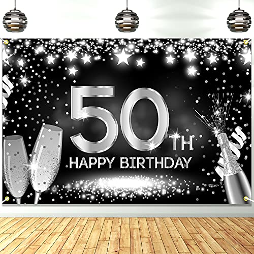 Happy 50th Birthday Banner Backdrop Silver and Black Champagne Glasses 50 Years Old Background Bday Decorations for Women Men Her Him Photography Party Supplies Glitter