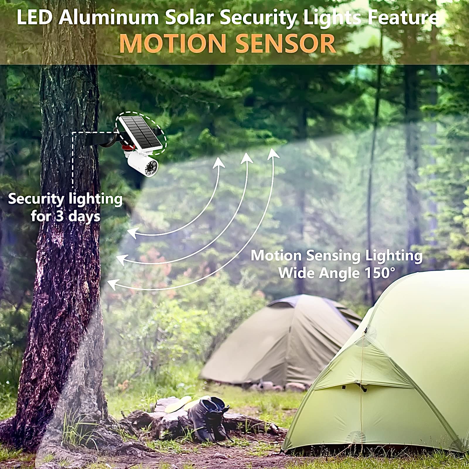 Camping Motion Sensor Light Outdoor Waterproof Aluminum, 9W 1400LM (130W Equi.) Solar Camping Lights, Solar Power Motion Sensor Flood Led Spotlight for Camp Porch Deck Path Patio Yand Post Step