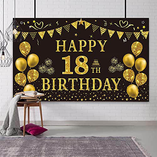 Trgowaul 18th Birthday Decorations for Men - Black Gold 18th Birthday Backdrop Banner 5.9 X 3.6 Fts Happy 18th Birthday Decorations for Boys Photography Supplies Background Birthday Party Decorations