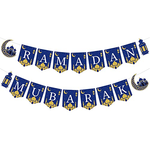 JOZON Ramadan Mubarak Banner Muslim Ramadan Mubarak Bunting Banner Garland with Lantern Moon Castle Sign Eid Mubarak Festival Celebration Party Decorations for Mantle Fireplace Wall Party Supplies