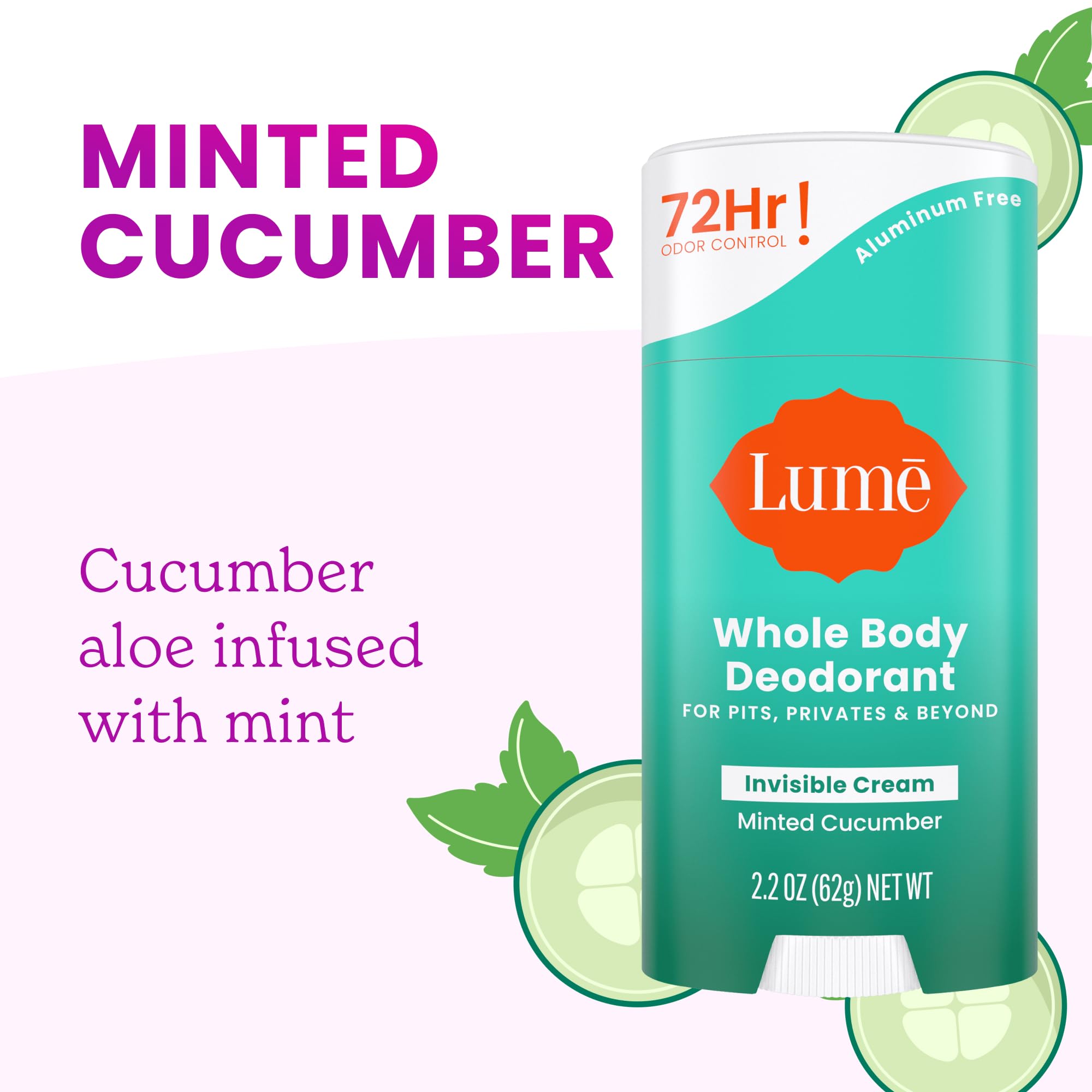 Lume Whole Body Deodorant - Invisible Cream Stick - 72 Hour Odor Control - Aluminum Free, Baking Soda Free, Skin Safe - 2.2 Ounce (Minted Cucumber)