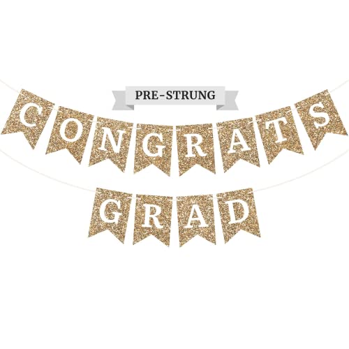 Pre-Strung Congrats Grad Banner - NO DIY - Gold Glitter Graduation Party Banner - Pre-Strung Garland on 6 ft Strand - Gold Grad Congrats Class of 2023 Party Decorations & Decor. Did we mention no DIY?