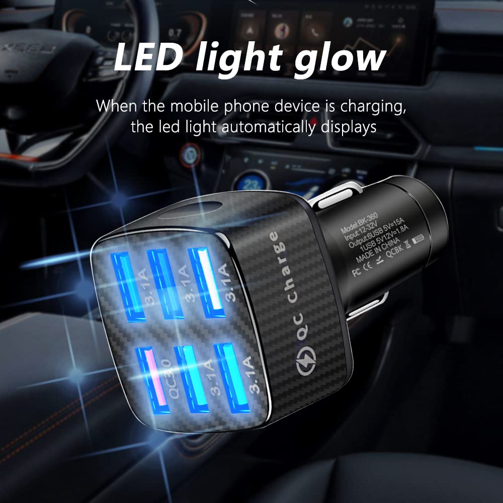 Fast Charging 6 Ports Car Phone Charger Adapter,QC3.0/3.1A Type Smart Shunt Cigarette Lighter USB Charger Compatible with iPhone 14 13 12,S22 S21 S20,iPad Pro& All Mobil Phone (Black)