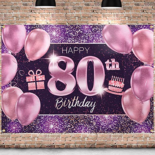 PAKBOOM Happy 80th Birthday Banner Backdrop - 80 Birthday Party Decorations Supplies for Women - Pink Purple Gold 4 x 6ft