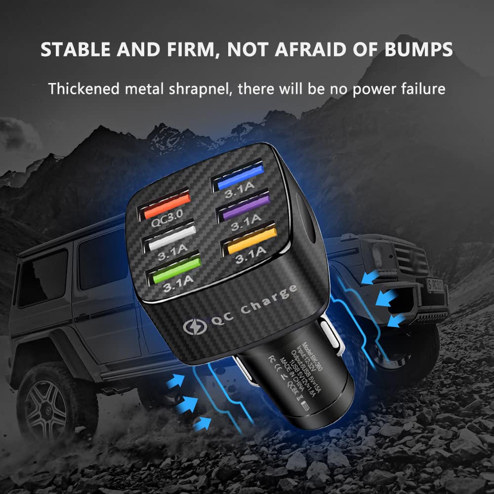 Fast Charging 6 Ports Car Phone Charger Adapter,QC3.0/3.1A Type Smart Shunt Cigarette Lighter USB Charger Compatible with iPhone 14 13 12,S22 S21 S20,iPad Pro& All Mobil Phone (Black)
