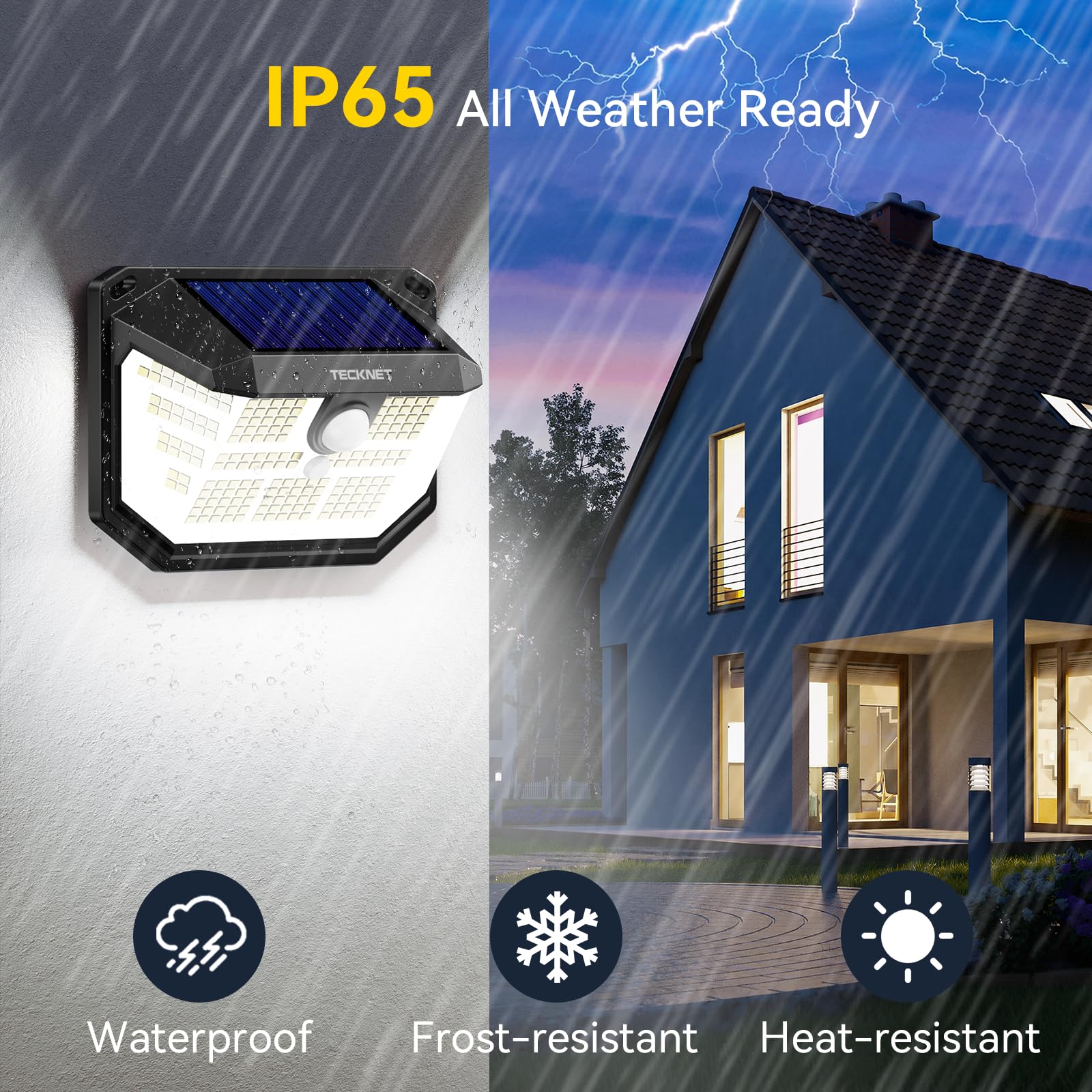 TECKNET 231 LED Motion Sensor Outdoor Lights, 4 Pack, 300° Solar Security Wall Lights, 3 Lighting Modes, IP65 Waterproof, PIR Motion Sensor for Outside, Fence, Garden, Yard, Deck, Garage - Cool White