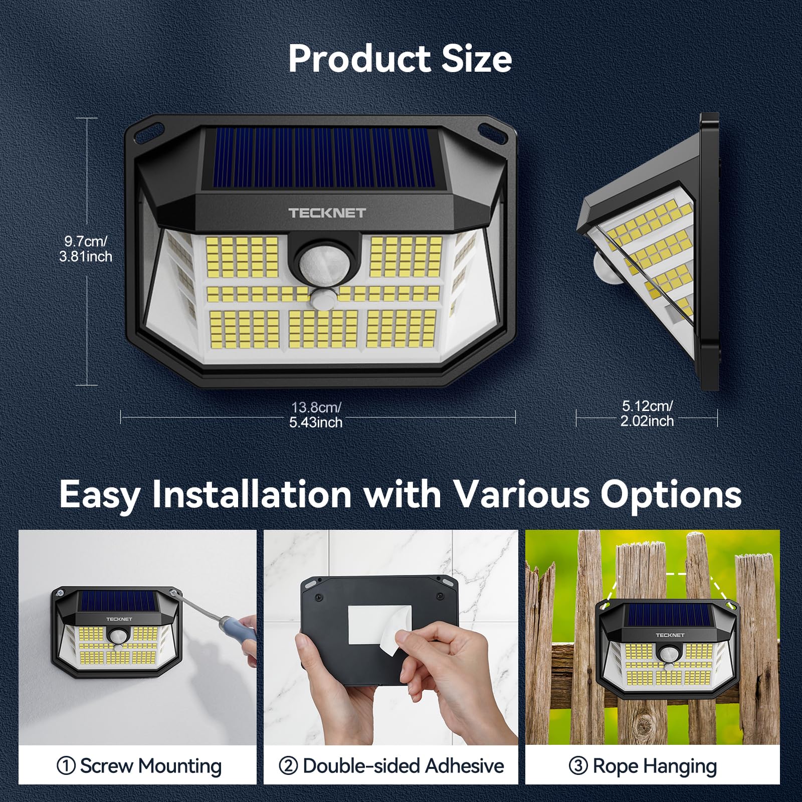 TECKNET 231 LED Motion Sensor Outdoor Lights, 4 Pack, 300° Solar Security Wall Lights, 3 Lighting Modes, IP65 Waterproof, PIR Motion Sensor for Outside, Fence, Garden, Yard, Deck, Garage - Cool White