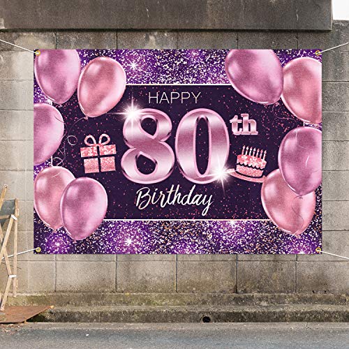 PAKBOOM Happy 80th Birthday Banner Backdrop - 80 Birthday Party Decorations Supplies for Women - Pink Purple Gold 4 x 6ft