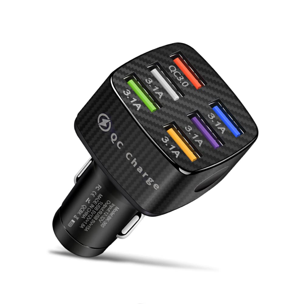 Fast Charging 6 Ports Car Phone Charger Adapter,QC3.0/3.1A Type Smart Shunt Cigarette Lighter USB Charger Compatible with iPhone 14 13 12,S22 S21 S20,iPad Pro& All Mobil Phone (Black)