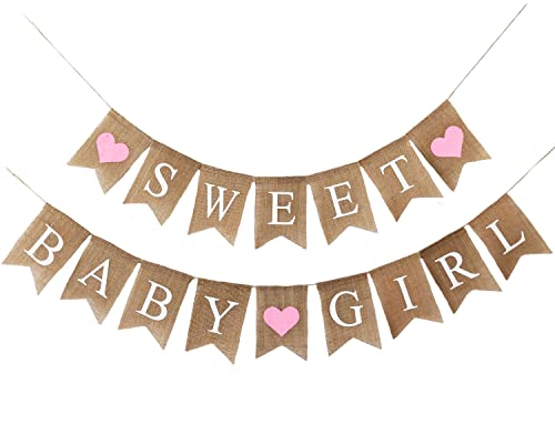 Shimmer Anna Shine Sweet Baby Girl Burlap Banner for Baby Shower Decorations and Gender Reveal Party (Light Pink Hearts)