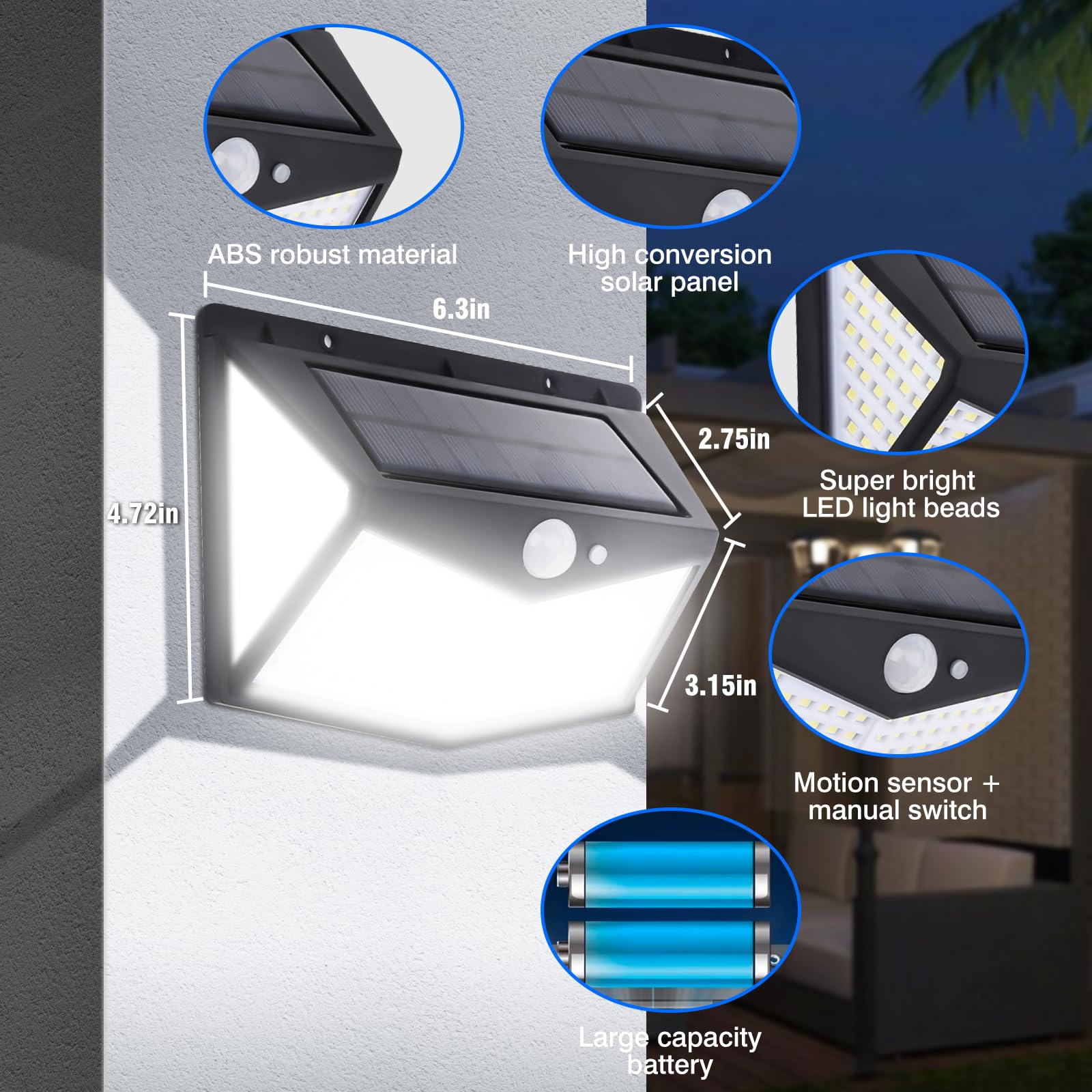 Solar Lights Outdoor 212 LED Bright Beads Solar Wall Lights with 3 Lighting Modes and Motion Sensor Waterproof LED Solar Outdoor Lights Solar Powered with 270°Wide Angle for Patio Yard Fence Garage
